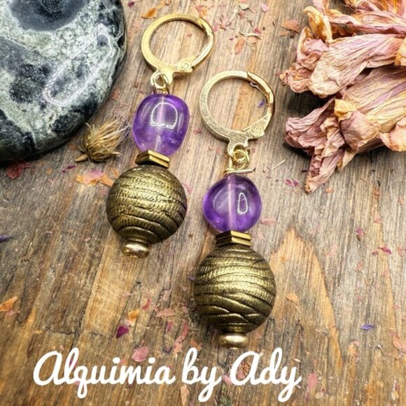 Alquimia | Jewelry | Amethyst Bronze Artisan Earrings Gold Hoop Drops ...